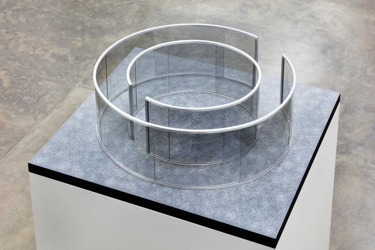 Untitled by Dan Graham, 2-way mirror glass, aluminium, MDF and acrylic ...