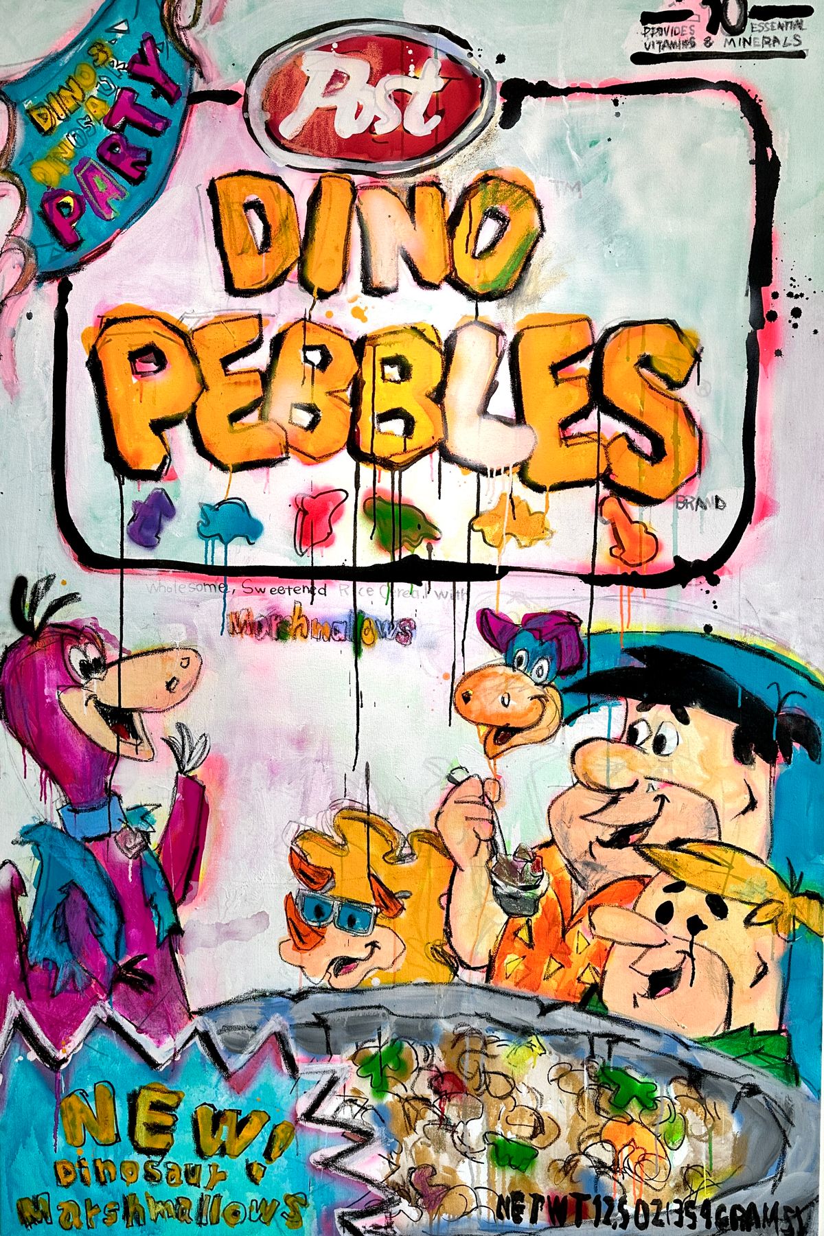Big Cereal No.6 (Dino Pebbles), 2021 by KINJO, Acrylic, aerosol, oilpastel, gesso on canvas, 194 ...