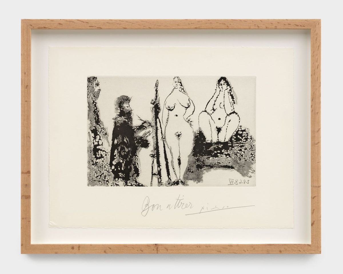 eintre barbu en robe de chambre, avec deux femmes nues et un visiteur, 1968 by Pablo Picasso | Ocula