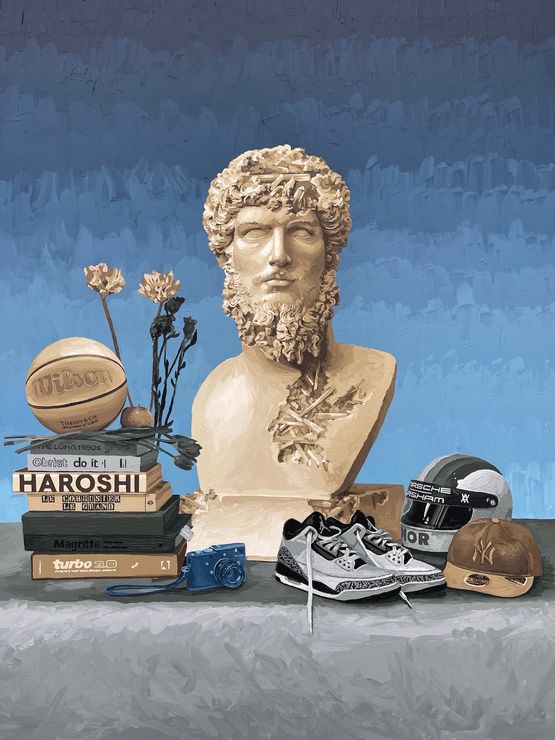 Still Life with Eroded Bust of Lucius Verus, Sneakers, Helmet, and ...