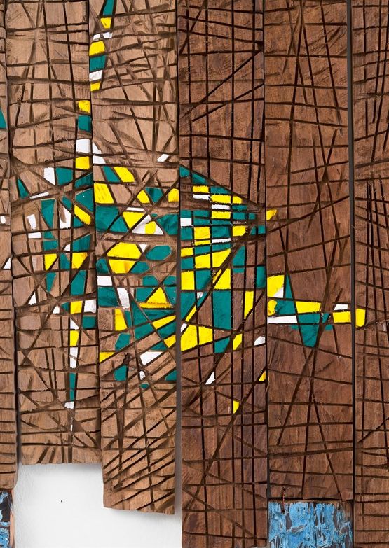 Fli, 2025 by El Anatsui, Burnt and incised tropical hardwood, tempera ...