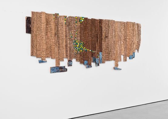 Fli, 2025 by El Anatsui, Burnt and incised tropical hardwood, tempera ...